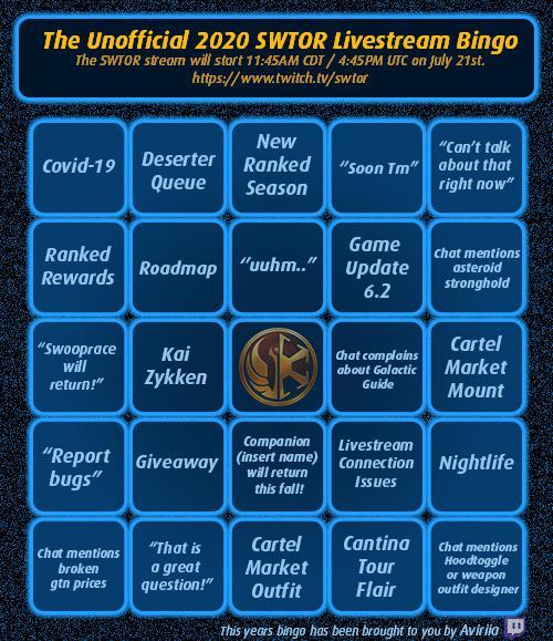 The Unofficial 2020 SWTOR Livestream Bingo by Aviriia | Scrolller