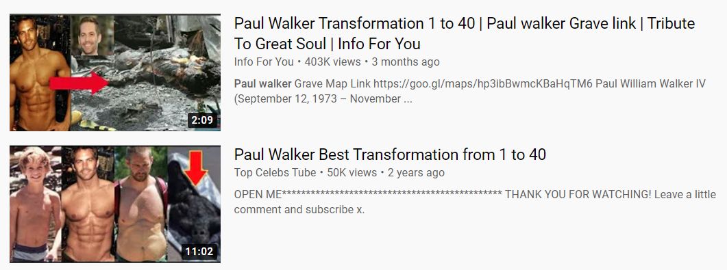 These Paul Walker "transformation" video thumbnails | Scrolller