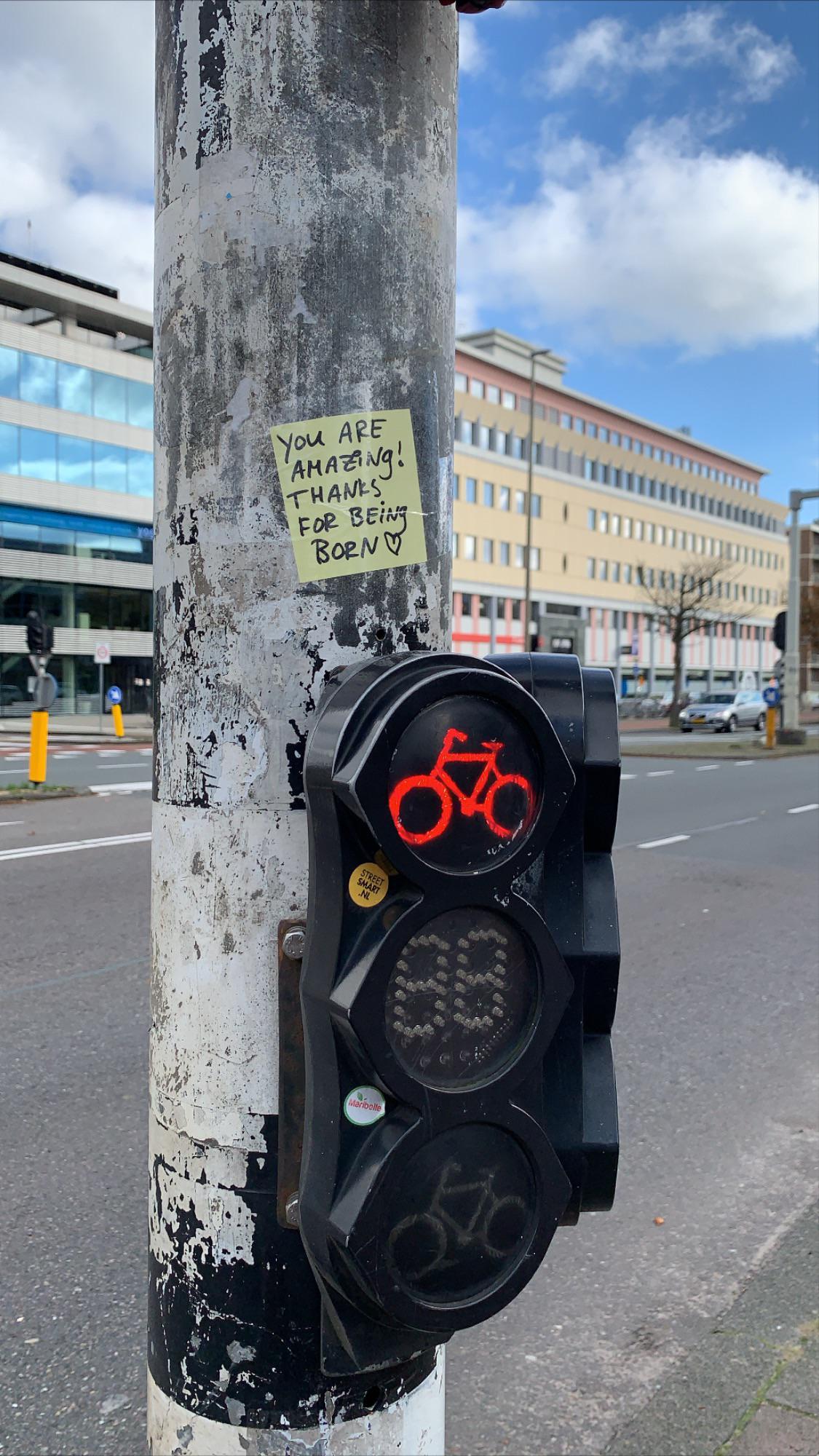 This post-it note on a bike traffic light in Amsterdam. Made my day. | Scrolller