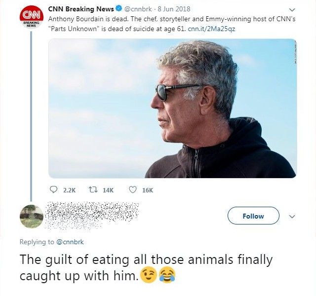 This vegan on Anthony Bourdain's death | Scrolller
