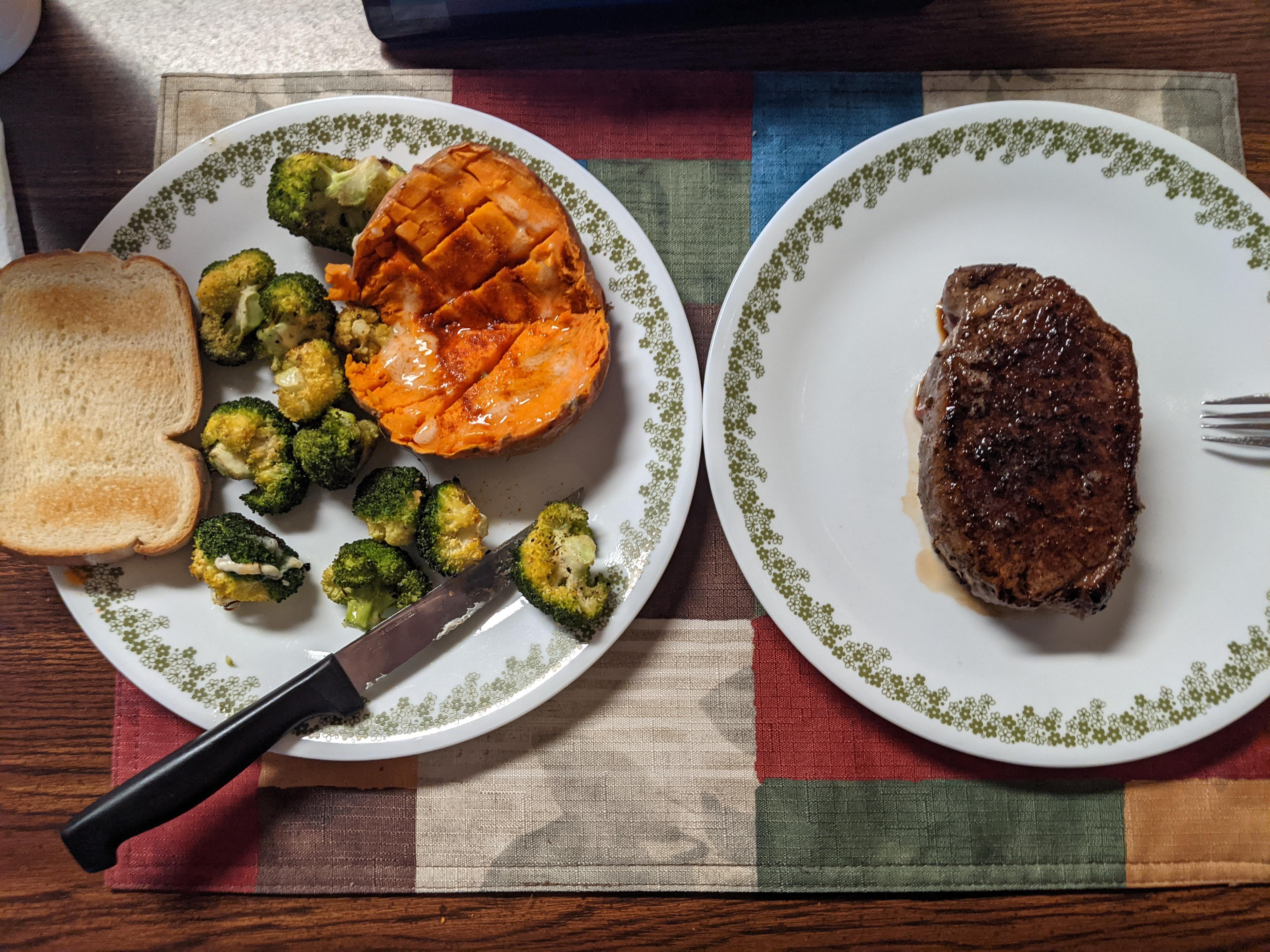 tonight's dinner: New York strip, sweet potato, and fresh broccoli | Scrolller