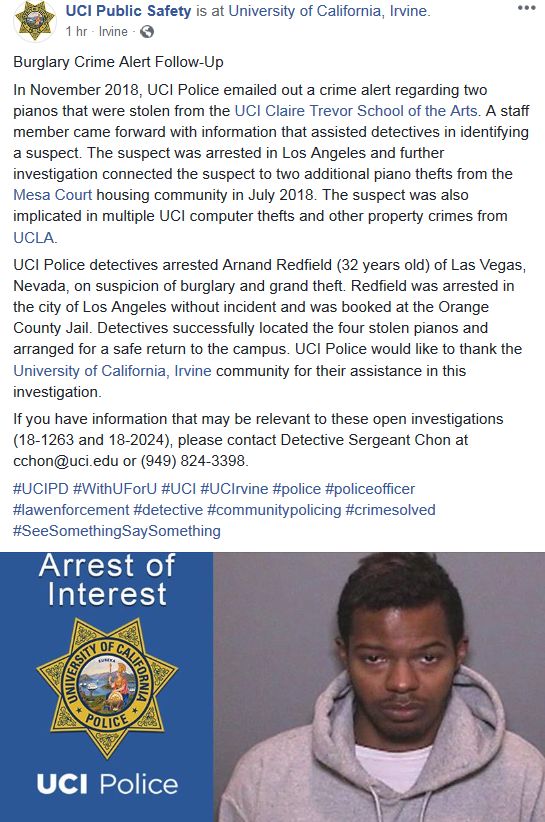 UCI Piano Thief Suspect Arrested! | Scrolller