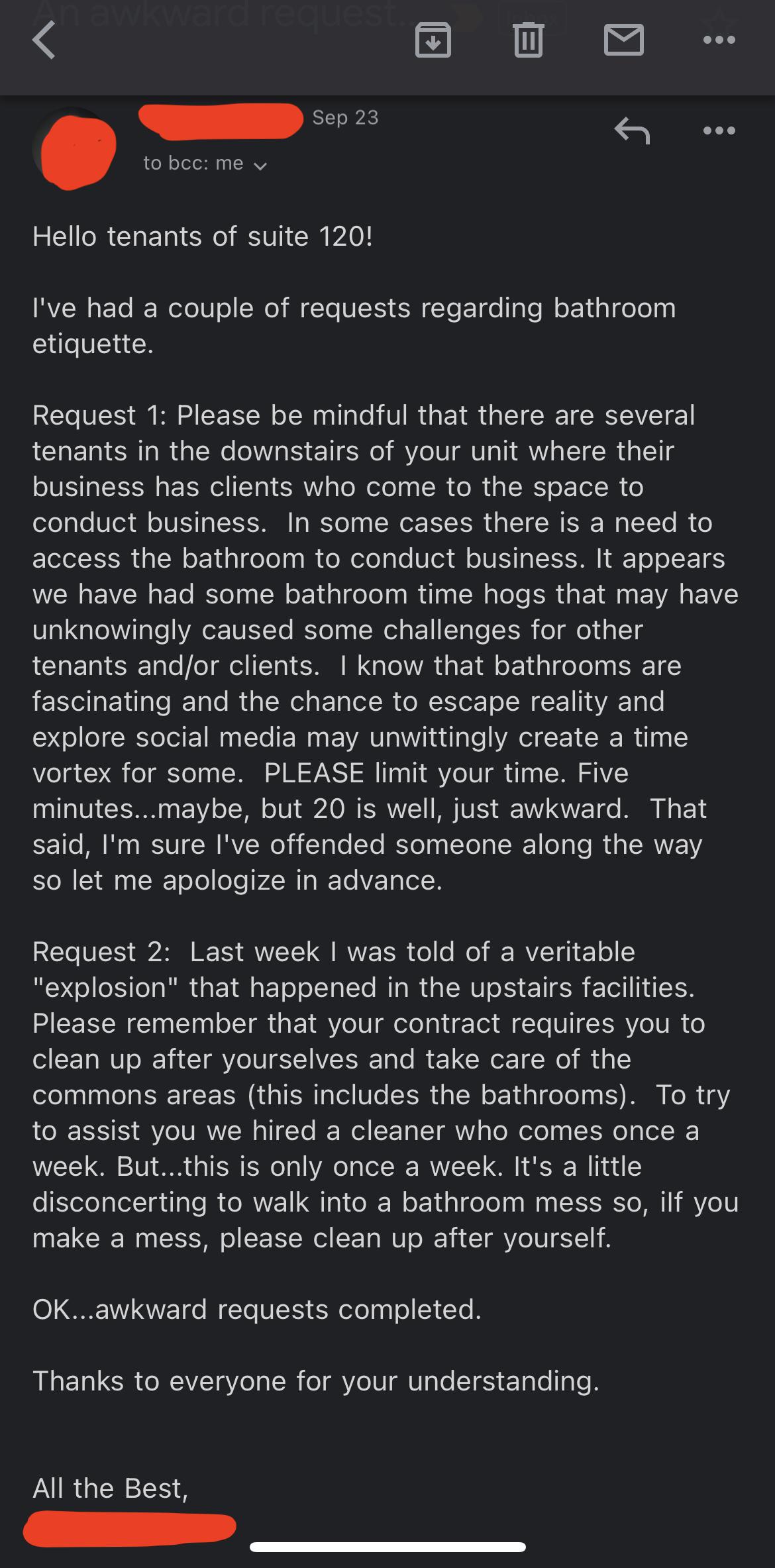 Unintentionally hilarious email from the landlord of my office building | Scrolller