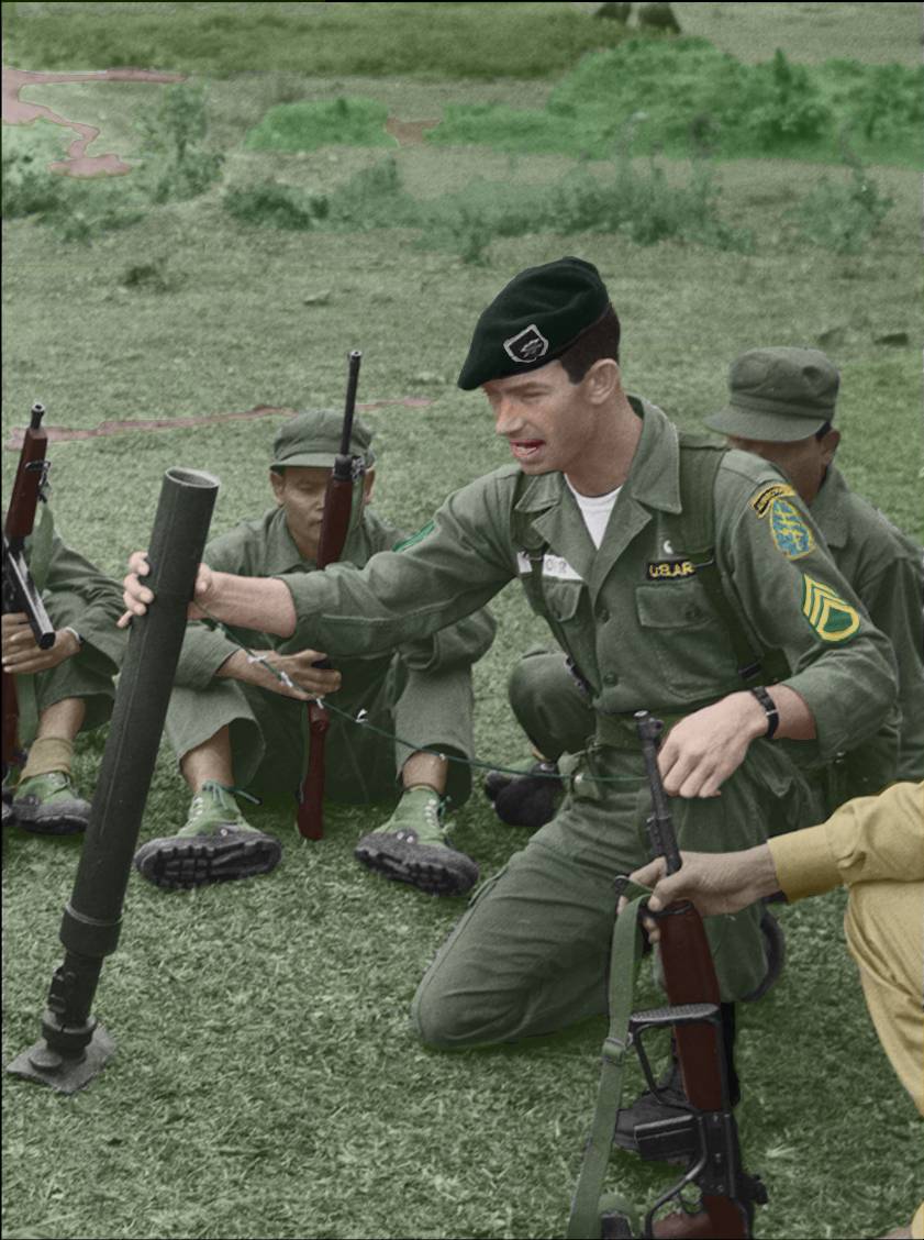 US adviser training ARVN forces in the use of mortars. Circa 1963. (Colorized) | Scrolller