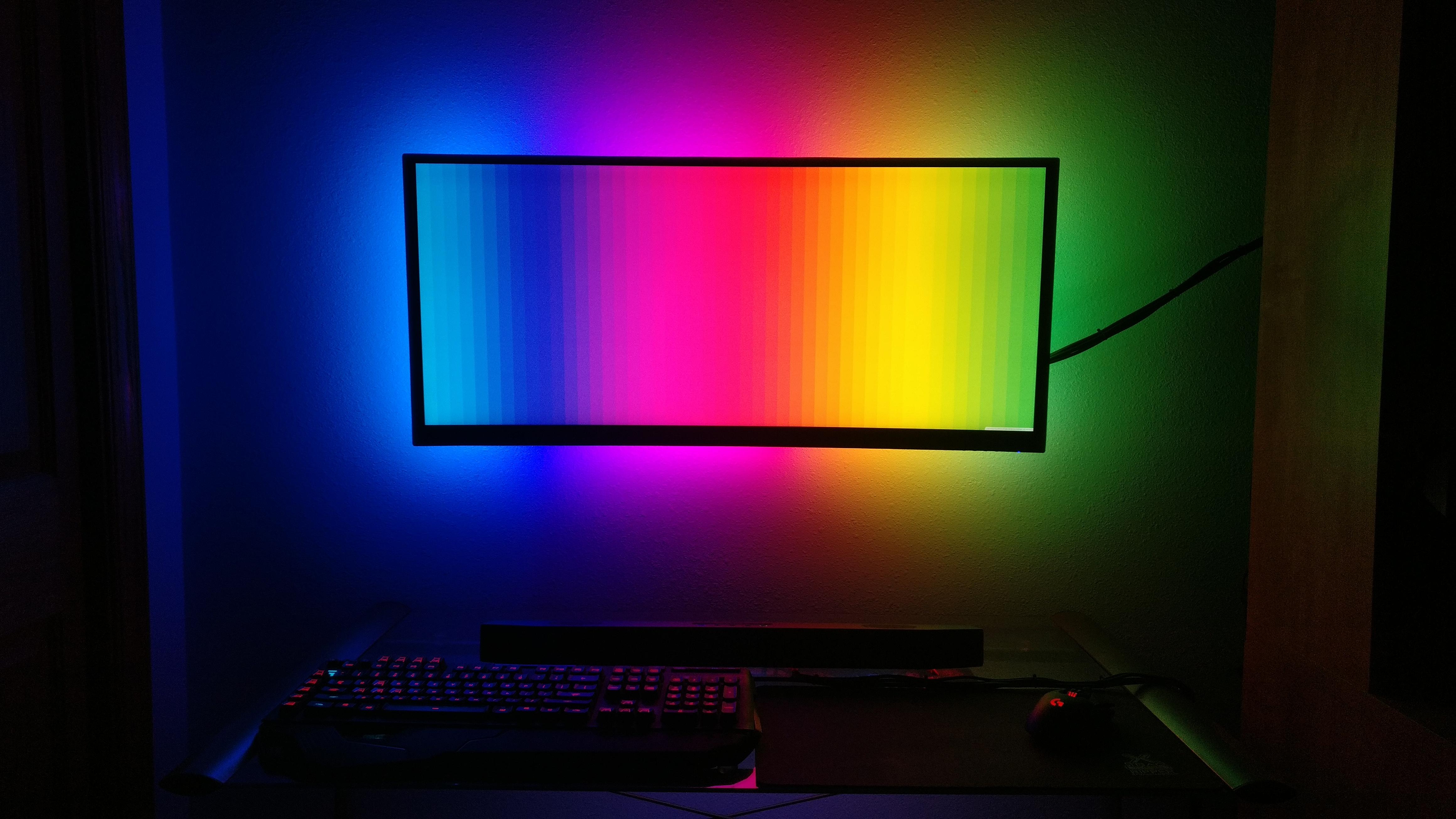 Wall Mounted x34 ultrawide with diy LED Backlighting and SoundblasterX Katana soundbar ...