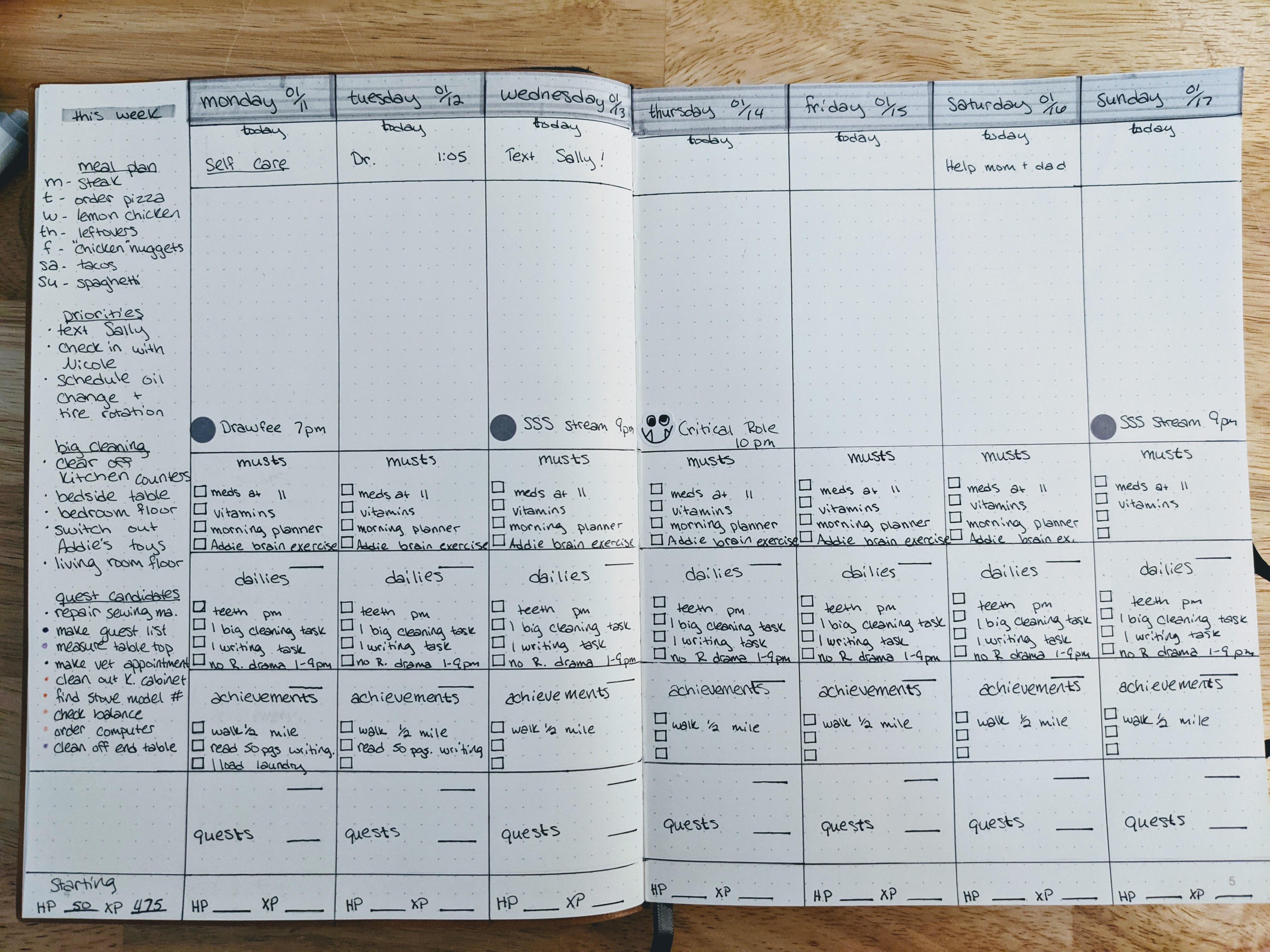 Weekly layout for goal planning using Bujo RPG | Scrolller