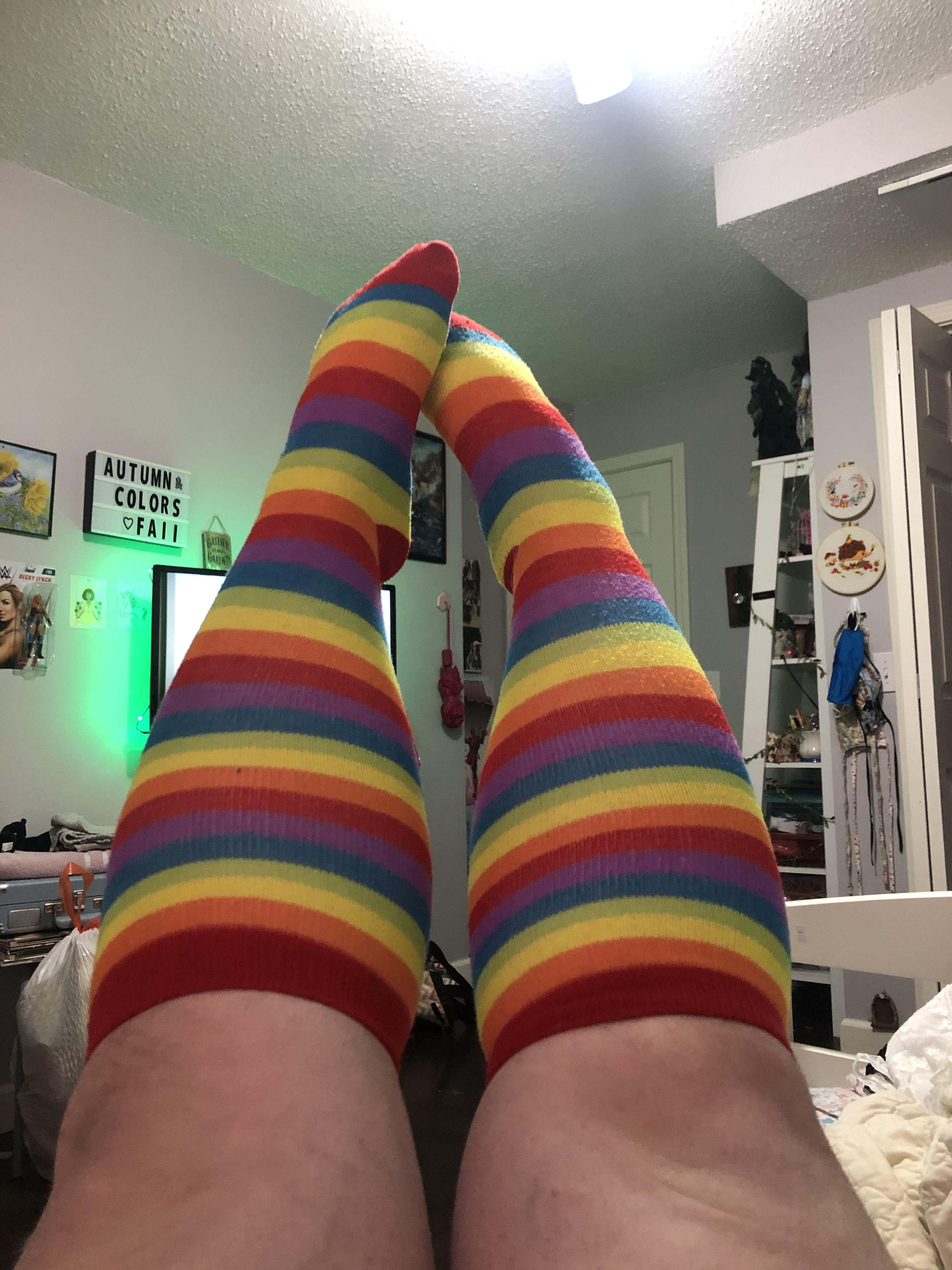 Who wants to smell the rainbow?? Cute knee socks ready for a new home! DM me for details ...