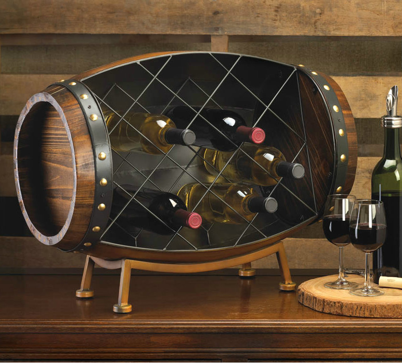 Wine Rack, Wood Barrel, Countertop, Metal Banding, Gold Colored Rivets, Gorgeous | Scrolller