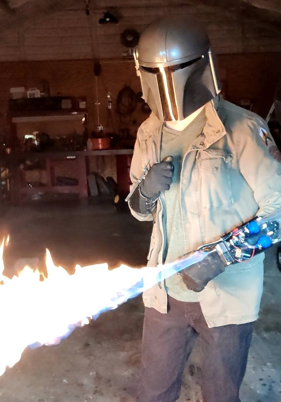 Work in progress. Flamethrower and Retractable Blade Vambraces + Bucket. This is the way ...