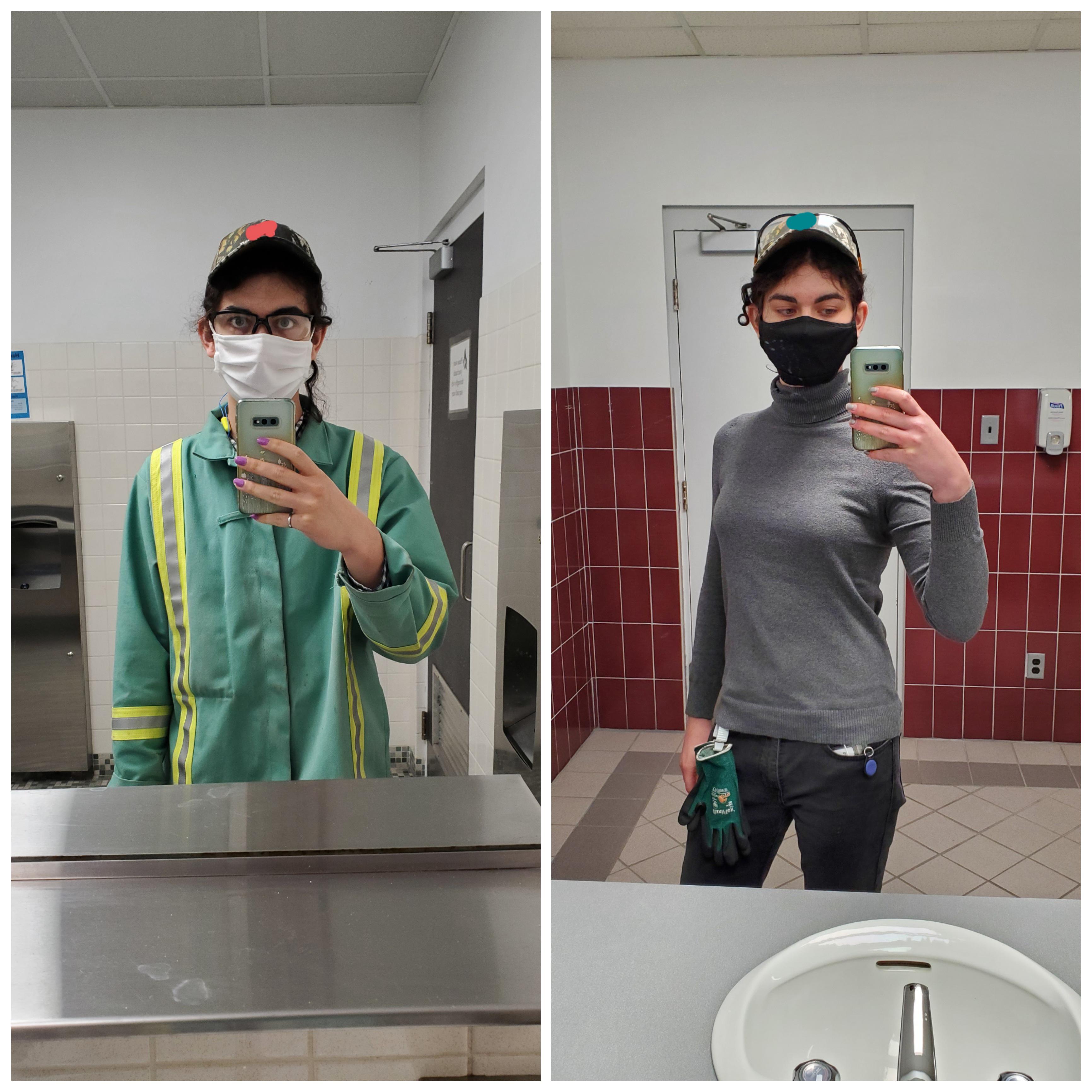 Workplace bathroom mirror selfie upgrade (5 mo hrt, closeted -> 10 month hrt, out) | Scrolller