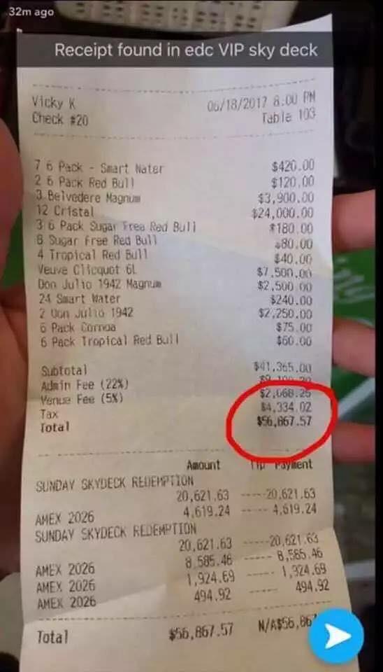 A receipt from EDC VIP Sky Deck | Scrolller