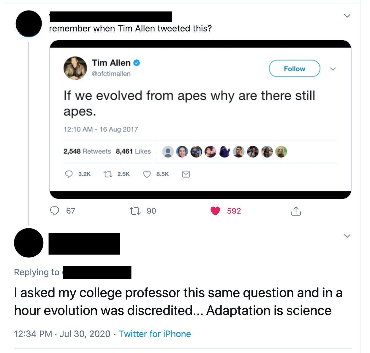 All of evolutionary science at university level disproven by grade-school level question. 🙄 ...