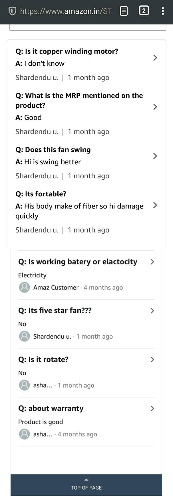 Amazon India Questions Section of Mini Table Fan | Scrolller