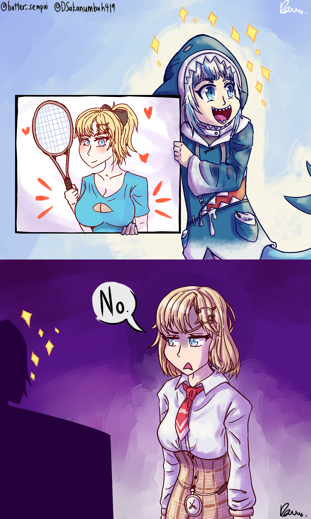 Amelia unamused at Gura drawing her with big boing boing in Passpartout | Scrolller