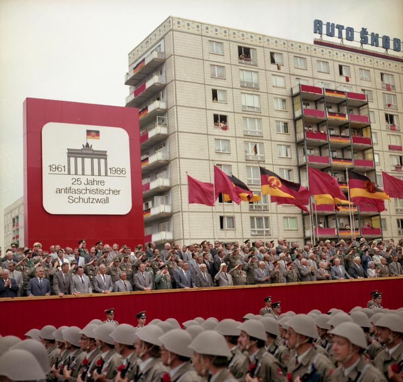 An East German military parade celebrating the 25th anniversary of the "Anti-Fascist Protection ...