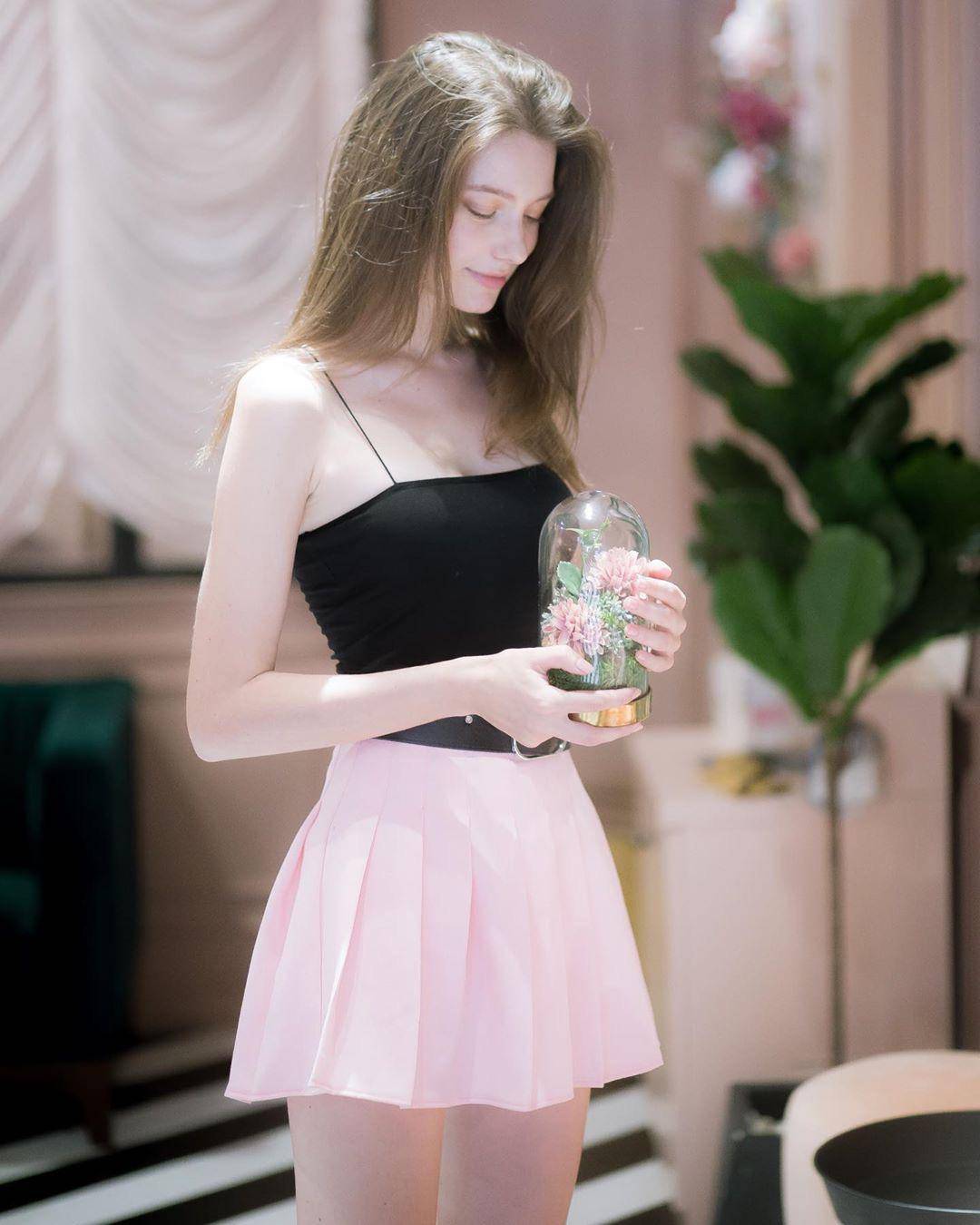 Anastasia Cebulska - Black Top, Black Belt and Pink Skirt | Scrolller