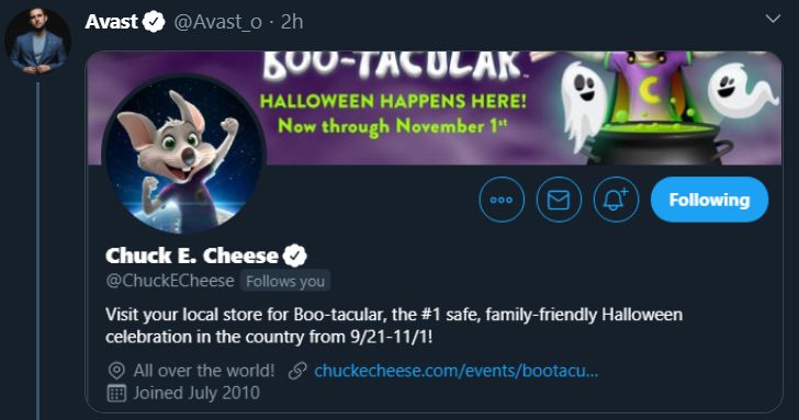 Avast is now followed by Chuck E. Cheese official account on twitter | Scrolller