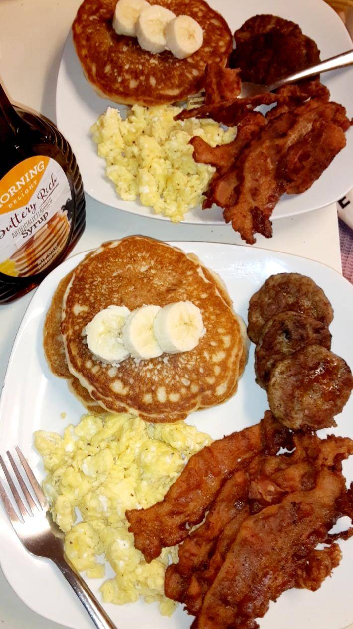 Banana infused Pancakes, Crispy Bacon, Eggs and Sausage my breakfast this morning | Scrolller
