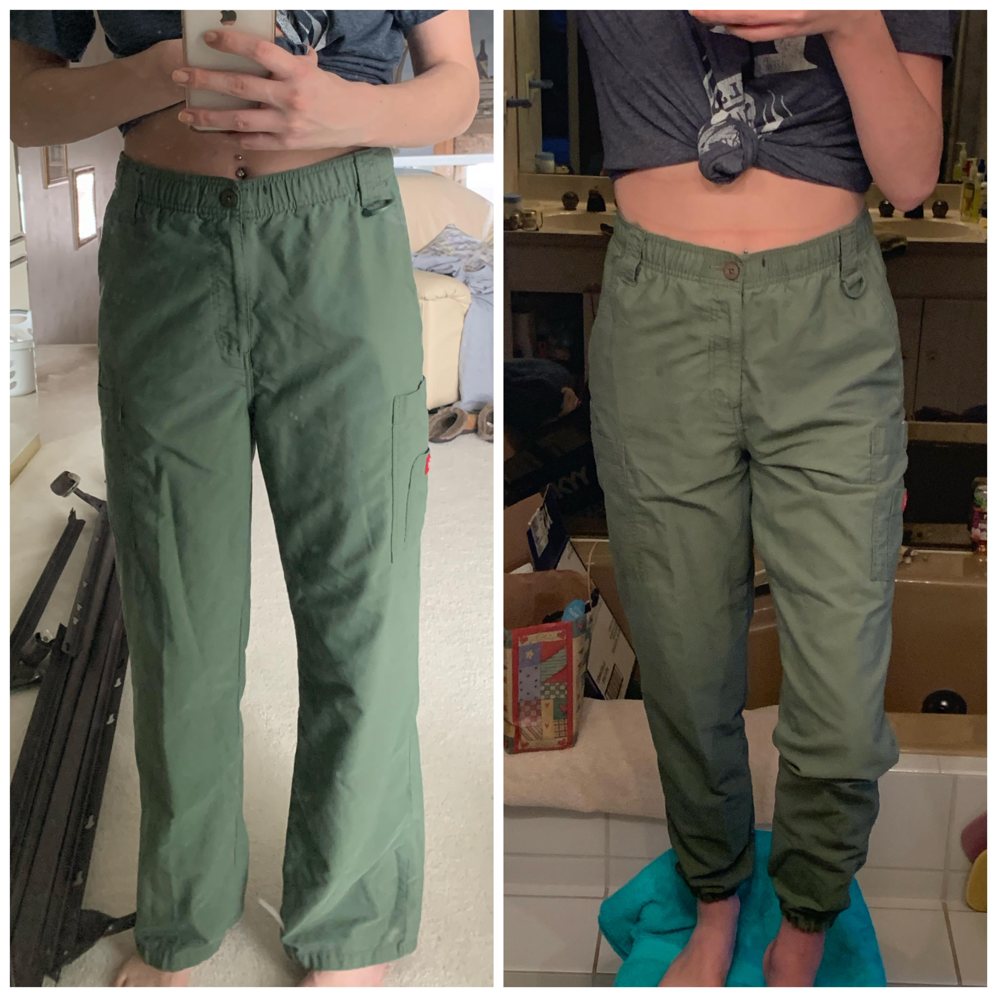 Before and After: Dickies cargo pants from Goodwill Outlet ($1.69/lb). Tapered and cinched at ...