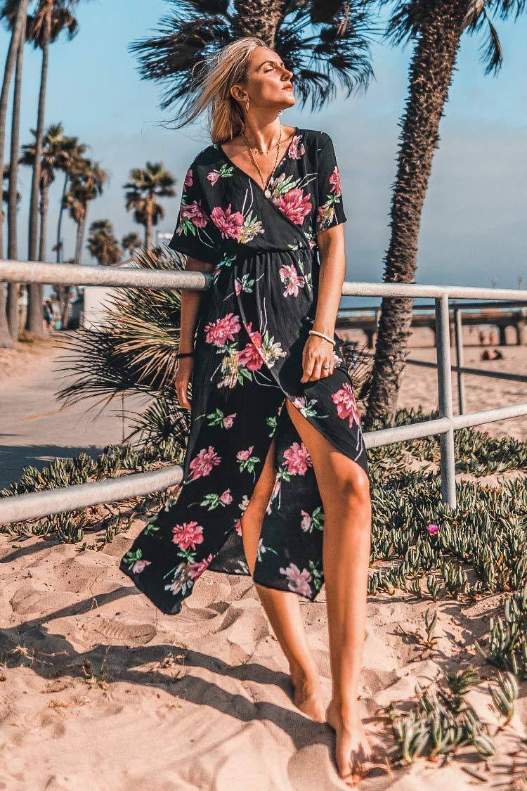 Black Floral Wrap Maxi Dress | Scrolller