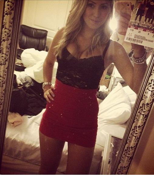 Black Lace Bodysuit and Tight Red Mini | Scrolller