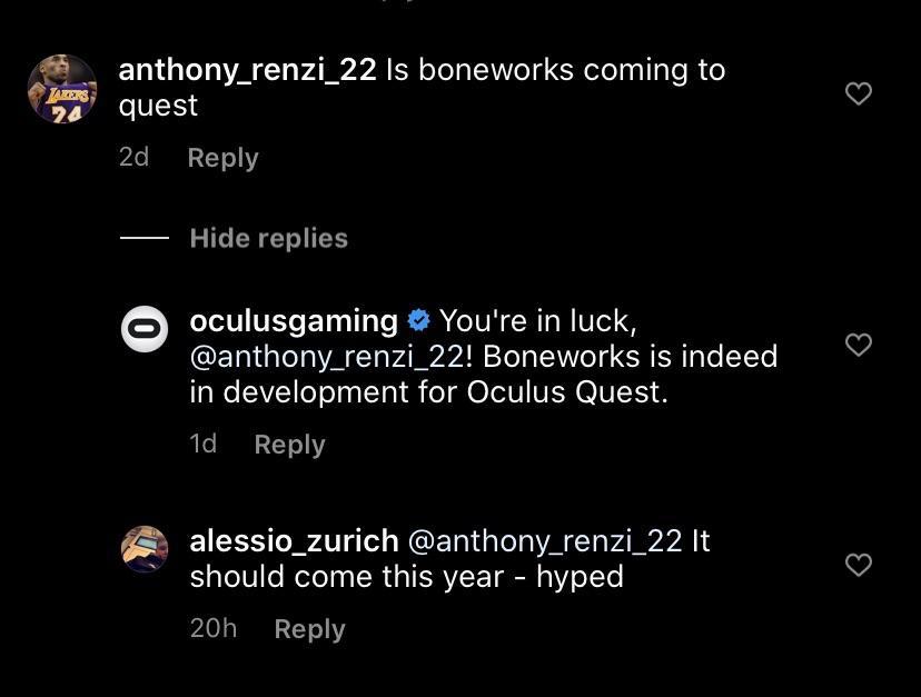 BONEWORKS IS CONFIRMED FOR QUEST! Commented from the official oculus Instagram account. | Scrolller