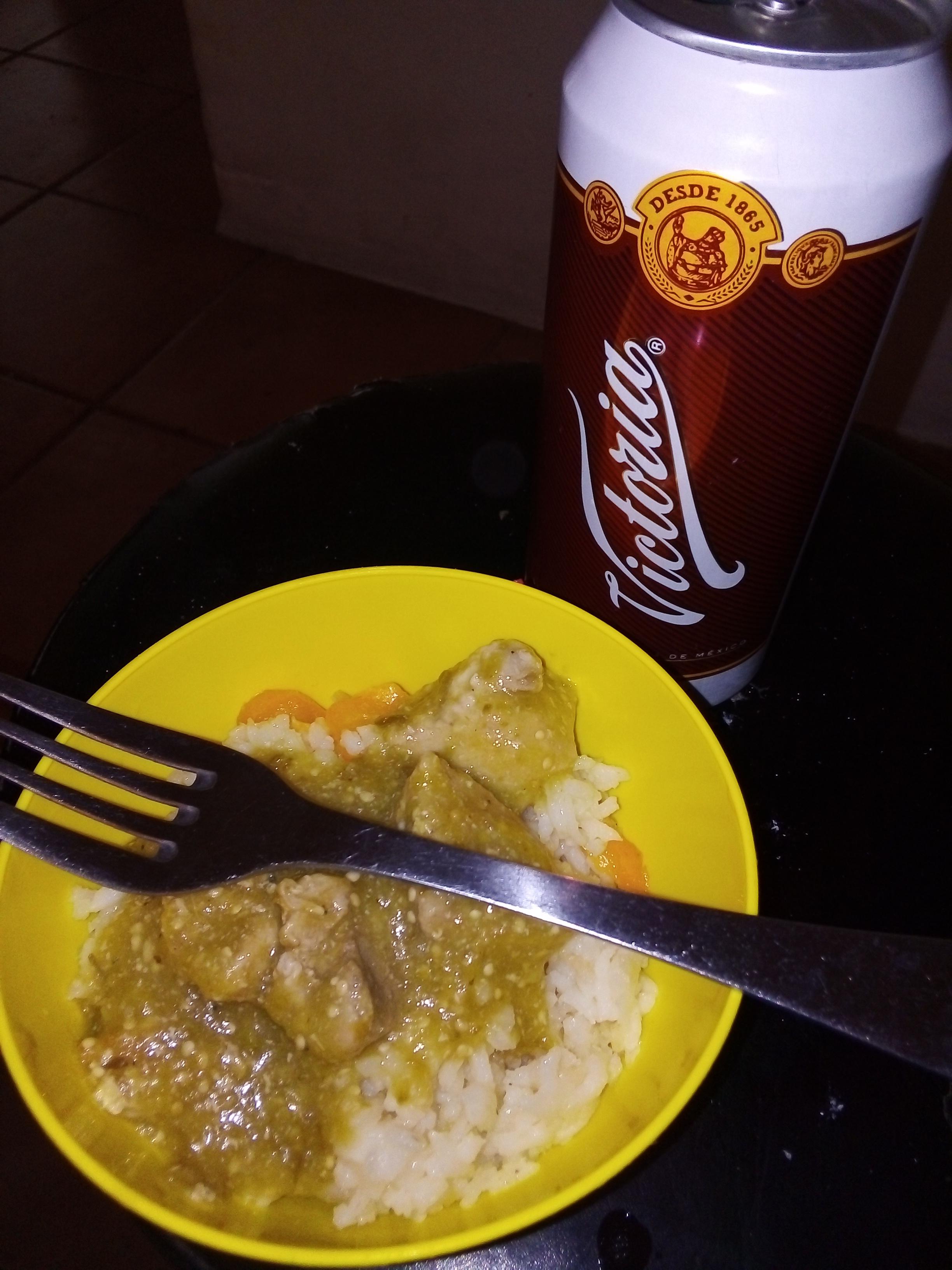 Breakfast beer with white rice and pork cubes in salsa verde | Scrolller