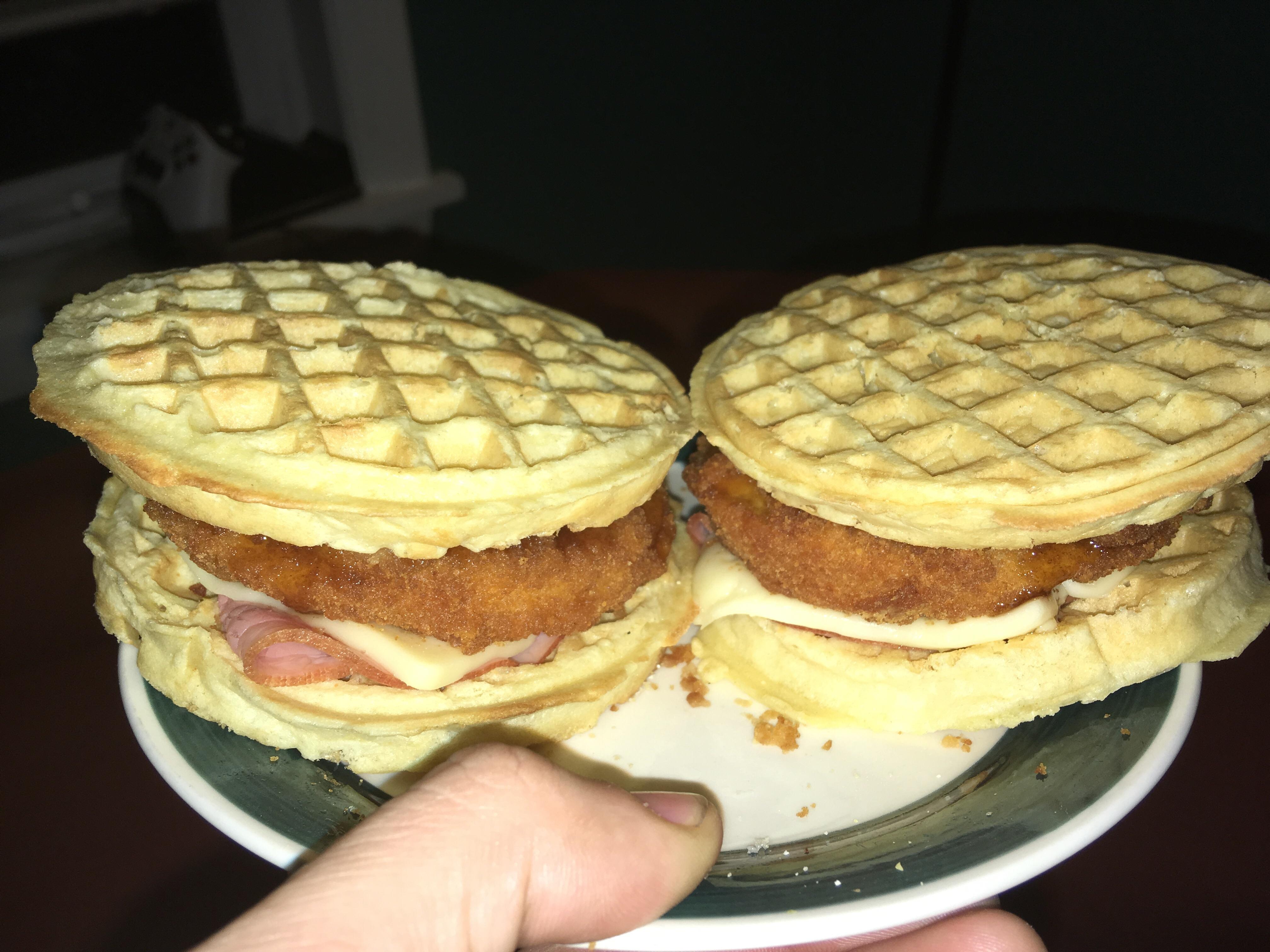 Discover more like Shittyfoodporn: Chicken patty cordon bleu sandwiches, on Eggo waffles w/maple ...