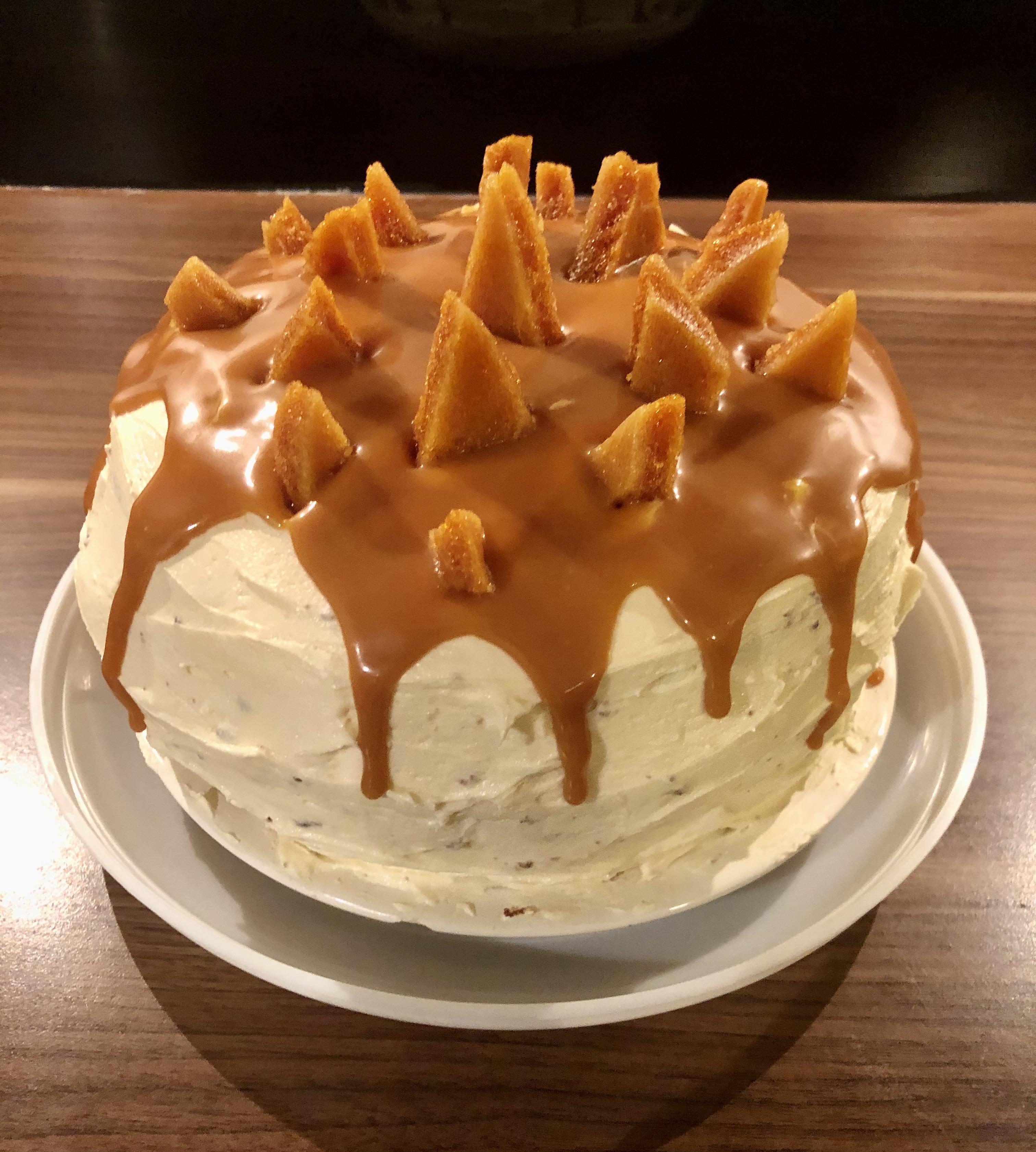 Chocolate cake, Salted caramel buttercream icing, topped with salted caramel sauce, and ...