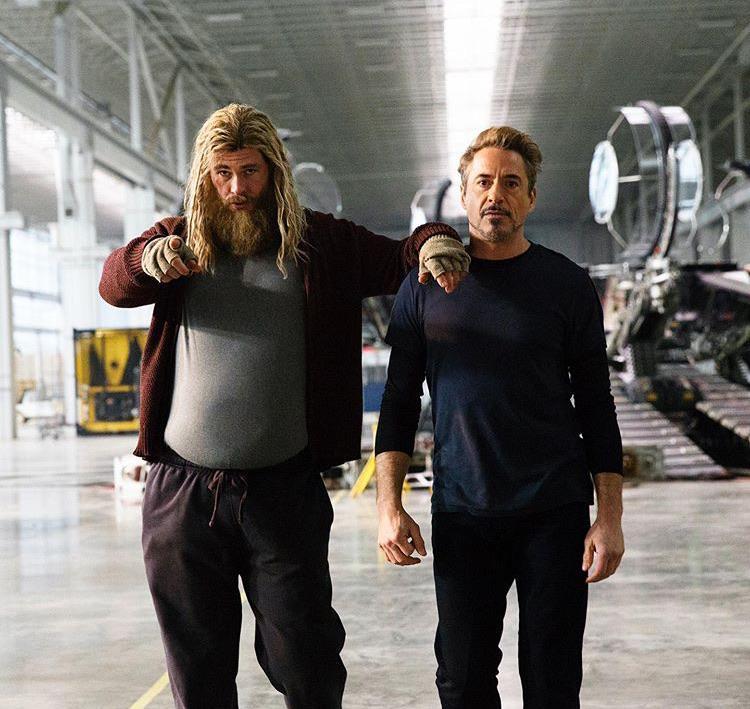 Chris Hemsworth & Robert Downey Jr. on the set of Endgame, taken by Chuck Zlotnick | Scrolller