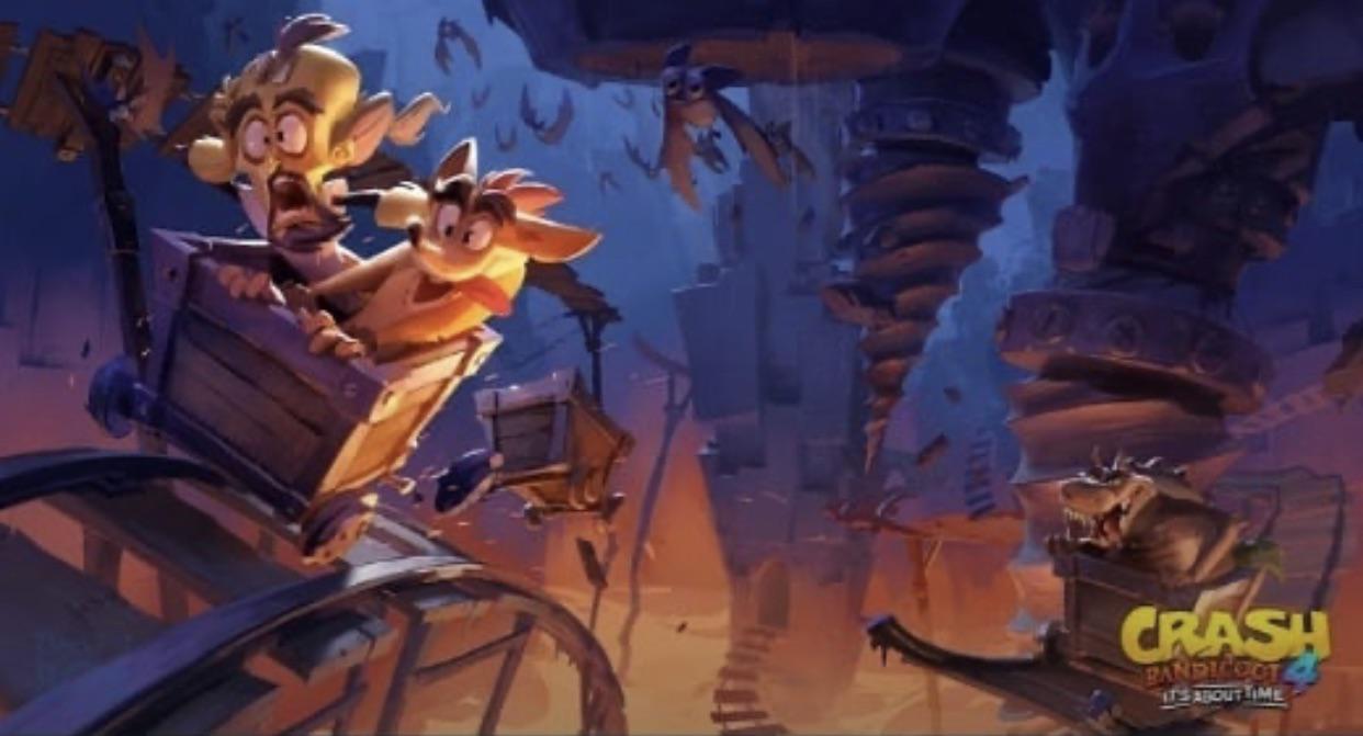 Concept art of Crash,Cortex and dingodile in a mine cart level | Scrolller