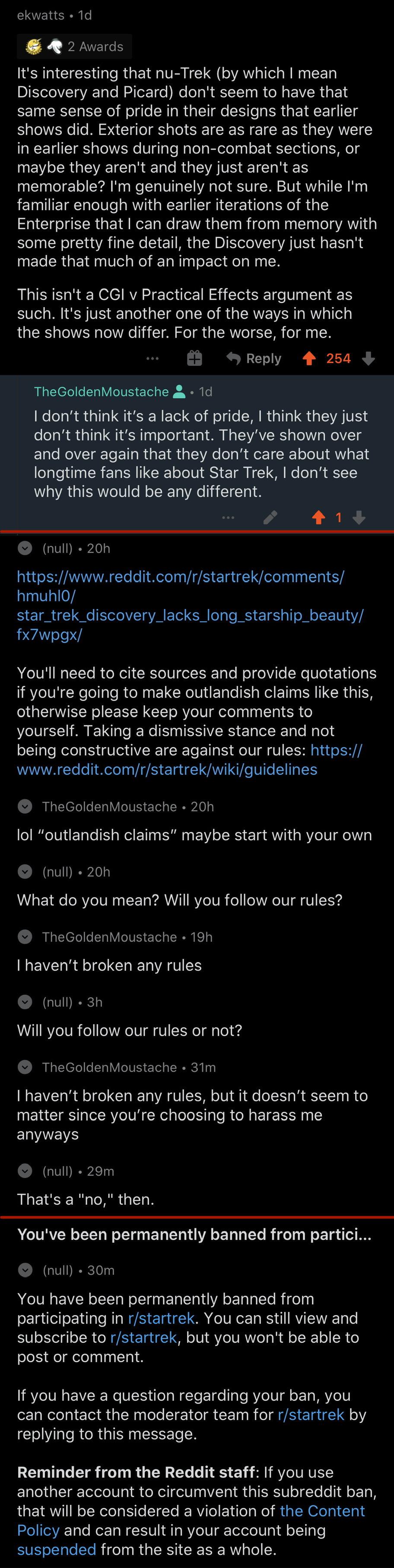 Crazy what you can get banned for in the other sub. And they wonder where all of the hostility ...
