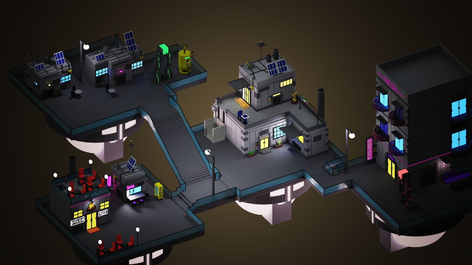 Cyberpunk-ish Flying town, my last project in magica voxel. | Scrolller