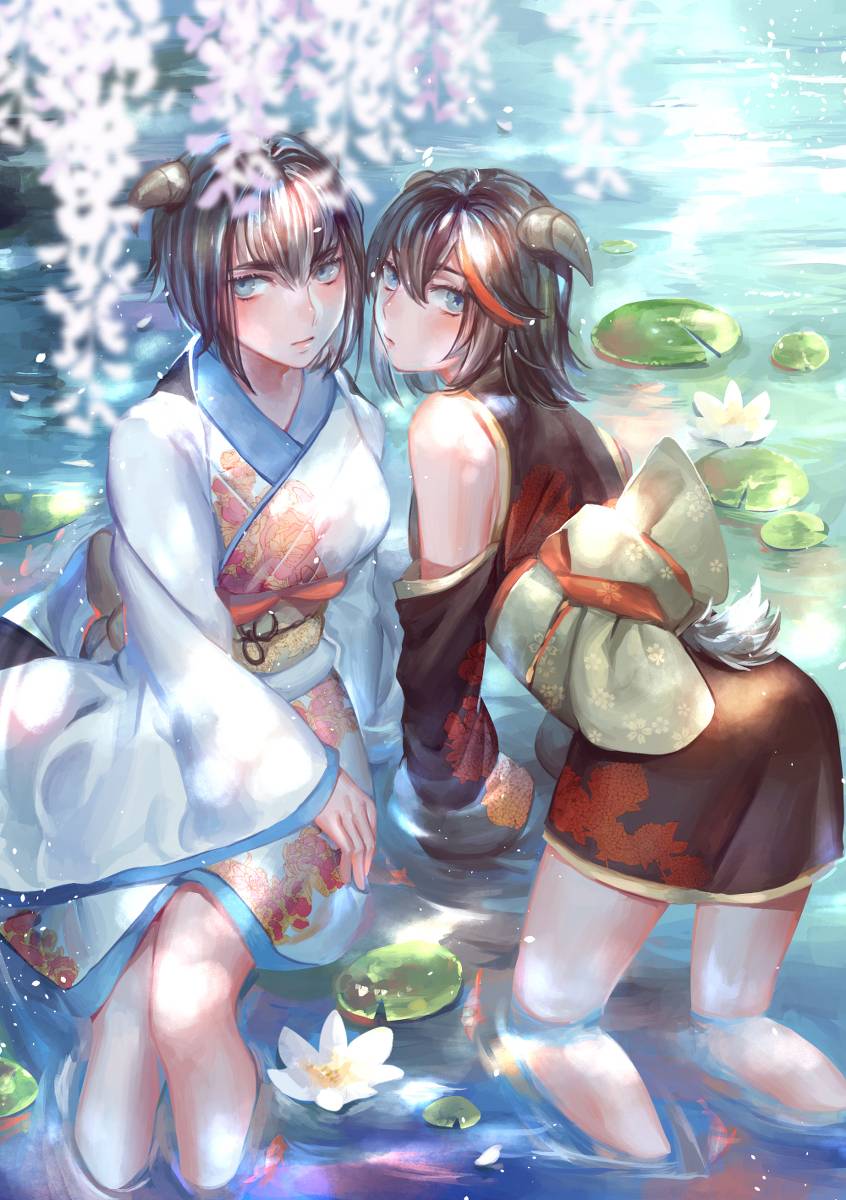 Daily Satsukiposting #446! Satsuki and Ryuko in yukatas (I think) hanging out in a koi pond ...