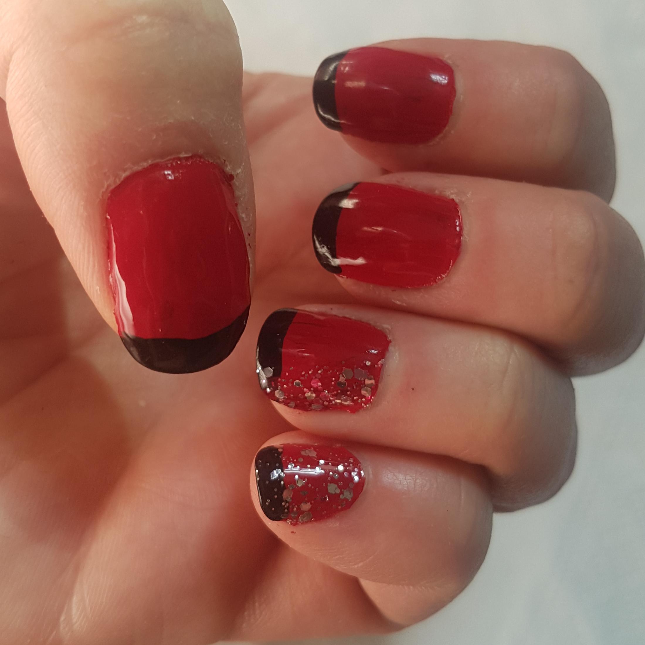 Dark fuschia base, black tips, silver glitter. The opposite of an innocent french mani. 😘 ...