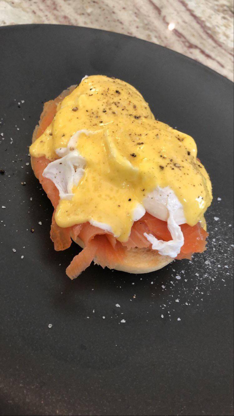 Eggs benedict with homemade Eenglish muffin, salmon, eggs, hollandaise | Scrolller
