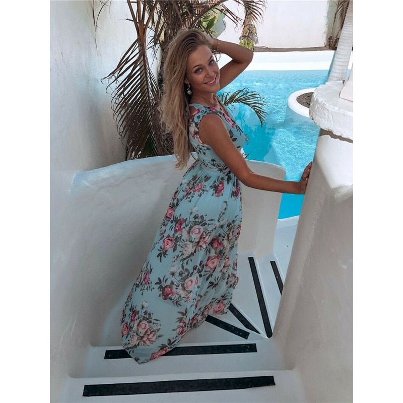 Elegant Ladies Vestidos Boho Beach Summer Holiday Vacation Women Flower Sundress Sleeveless V ...