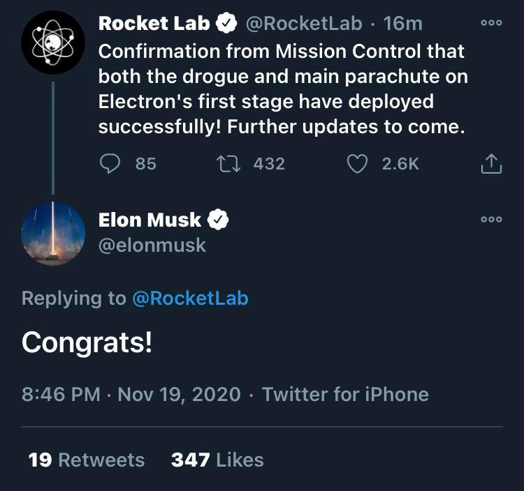Elon Congrats RocketLab | Scrolller
