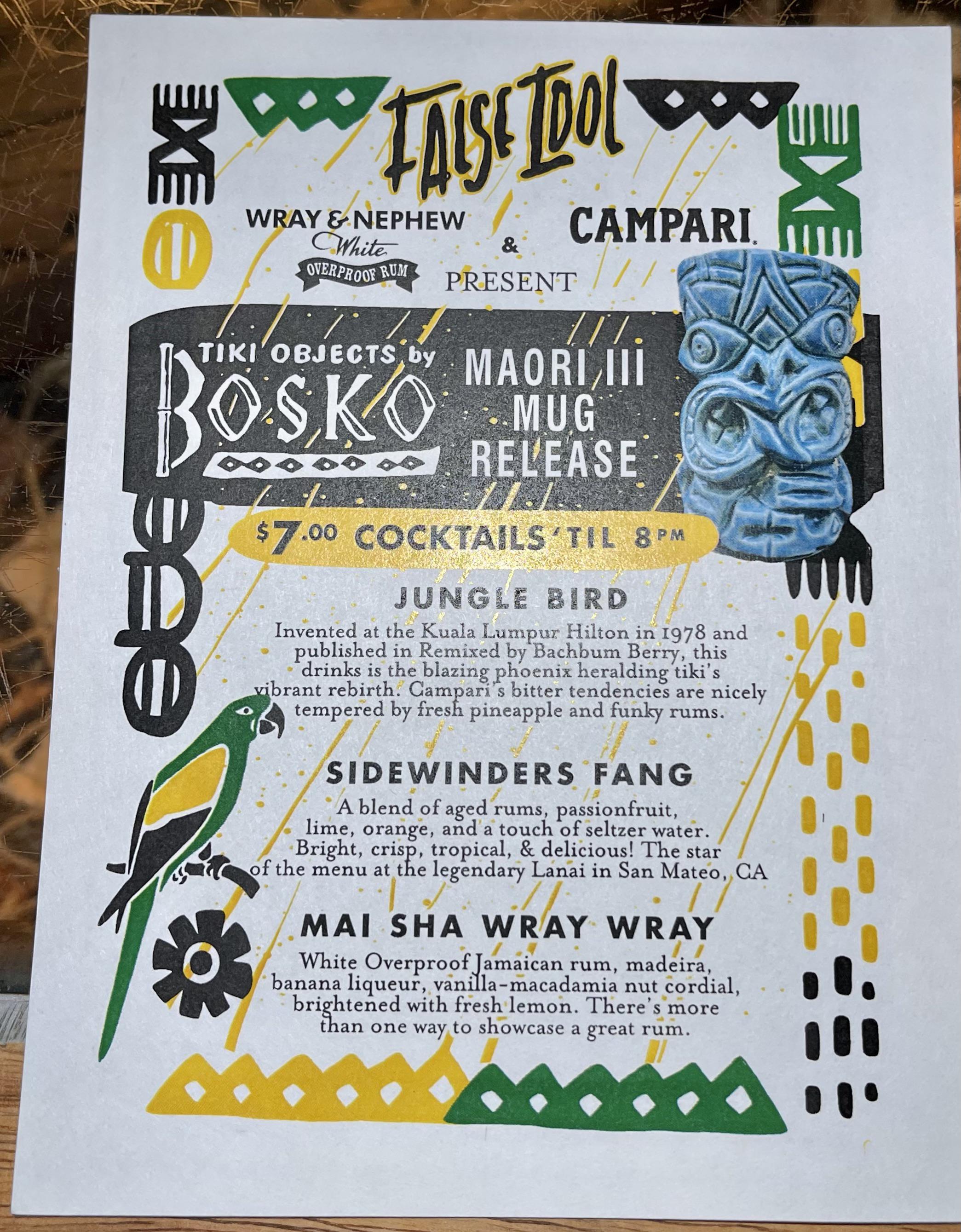 False Idol Bosko mug release party special menu | Scrolller