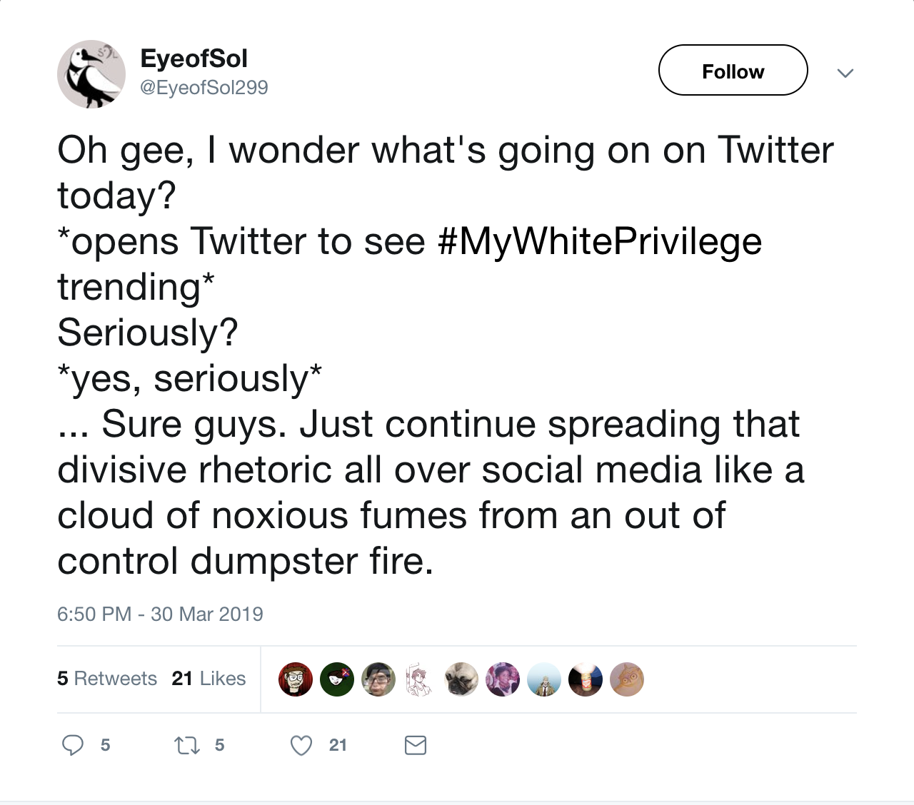 Fragile white (cartoon reviewer) can't handle being the fact that white privilege is a thing ...