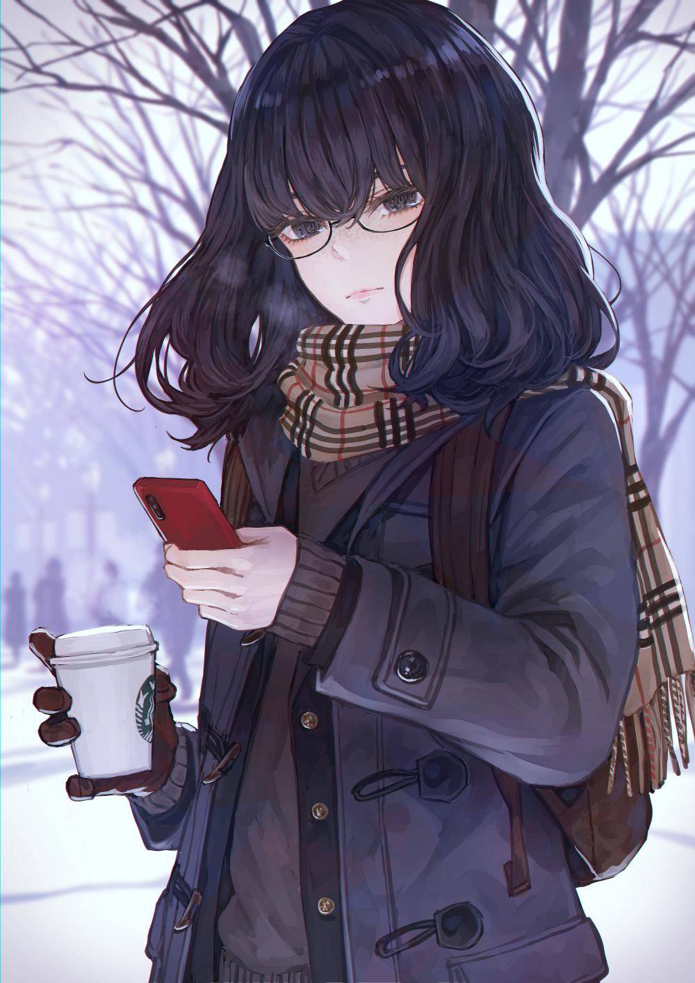 Girl in half-rim glasses, duffle coat and cute checkered scarf [original] | Scrolller