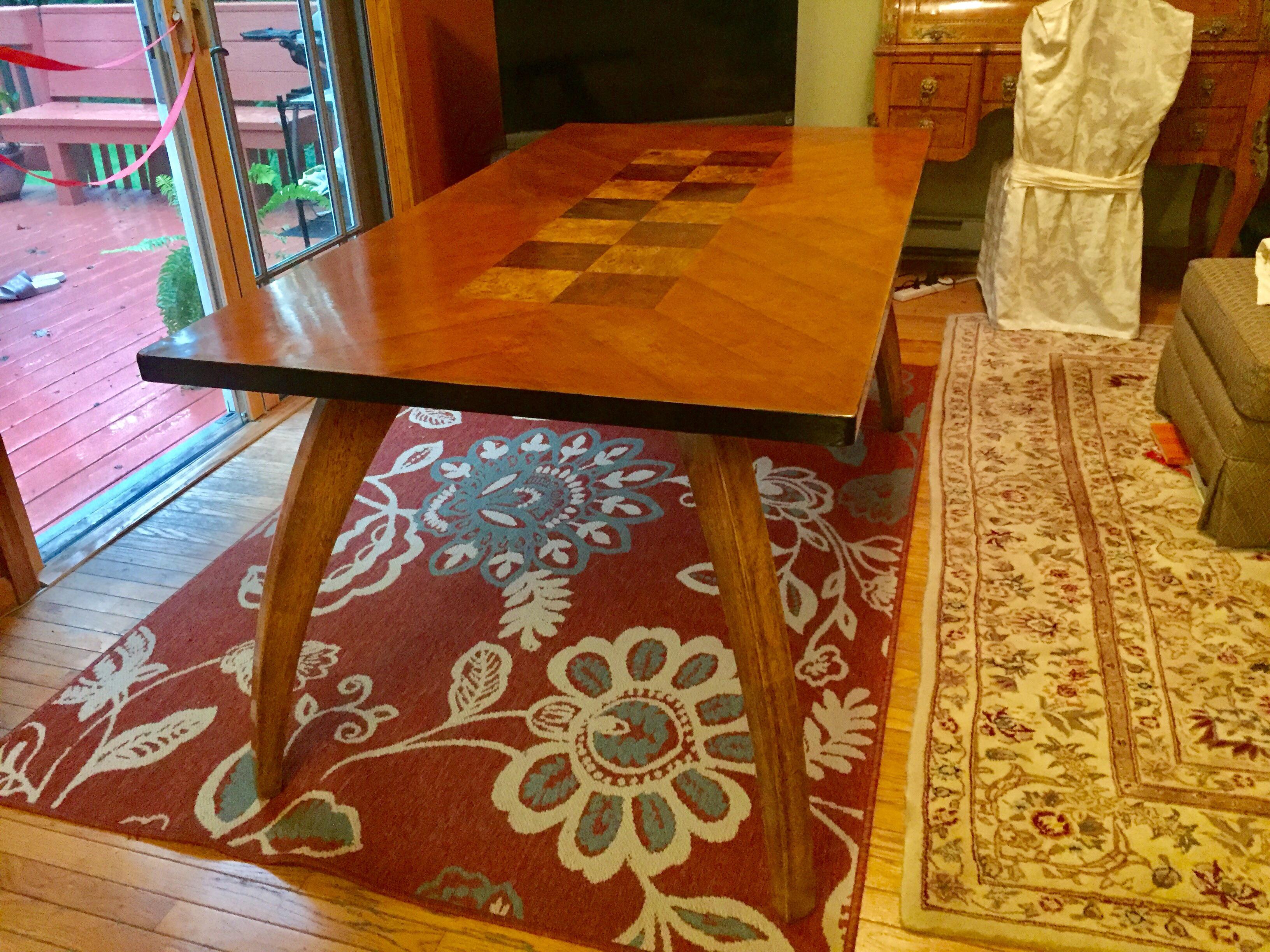 Help identify unusual dining table. Beautiful wood veneered top. Solid wood curved legs. Looks ...