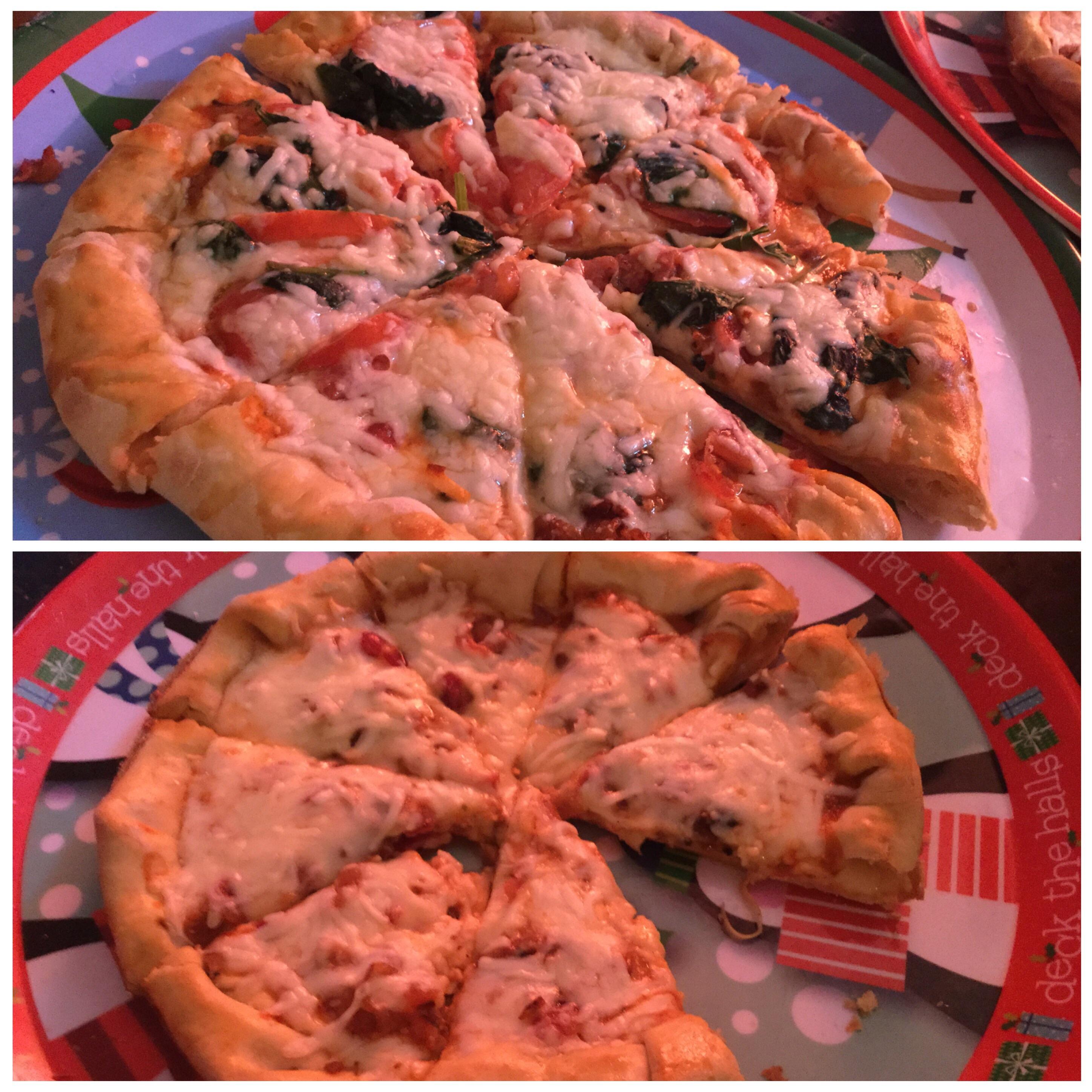 Homemade deep dish Bacon pizza and margarita pizza, both with cheese stuffed crust. (Homemade ...
