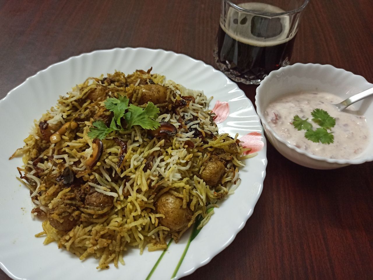 [Homemade] Dum Aloo (baby tots) Biryani, Raita & Thumps Up! | Scrolller