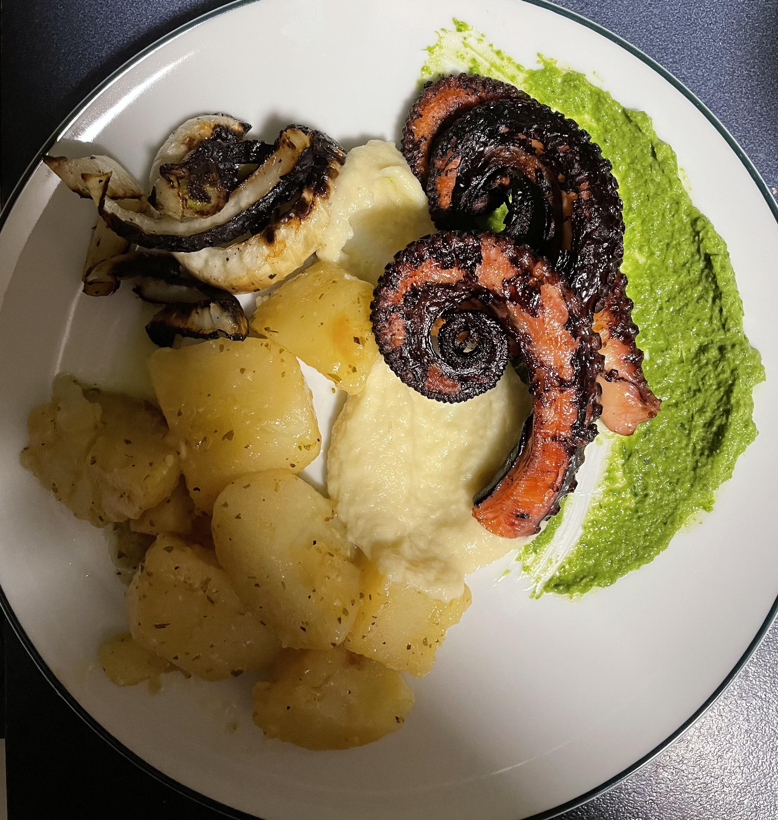 Sous vide and coal grilled octopus, grilled fennel, Greek lemon potatoes, salsa verde, and ...