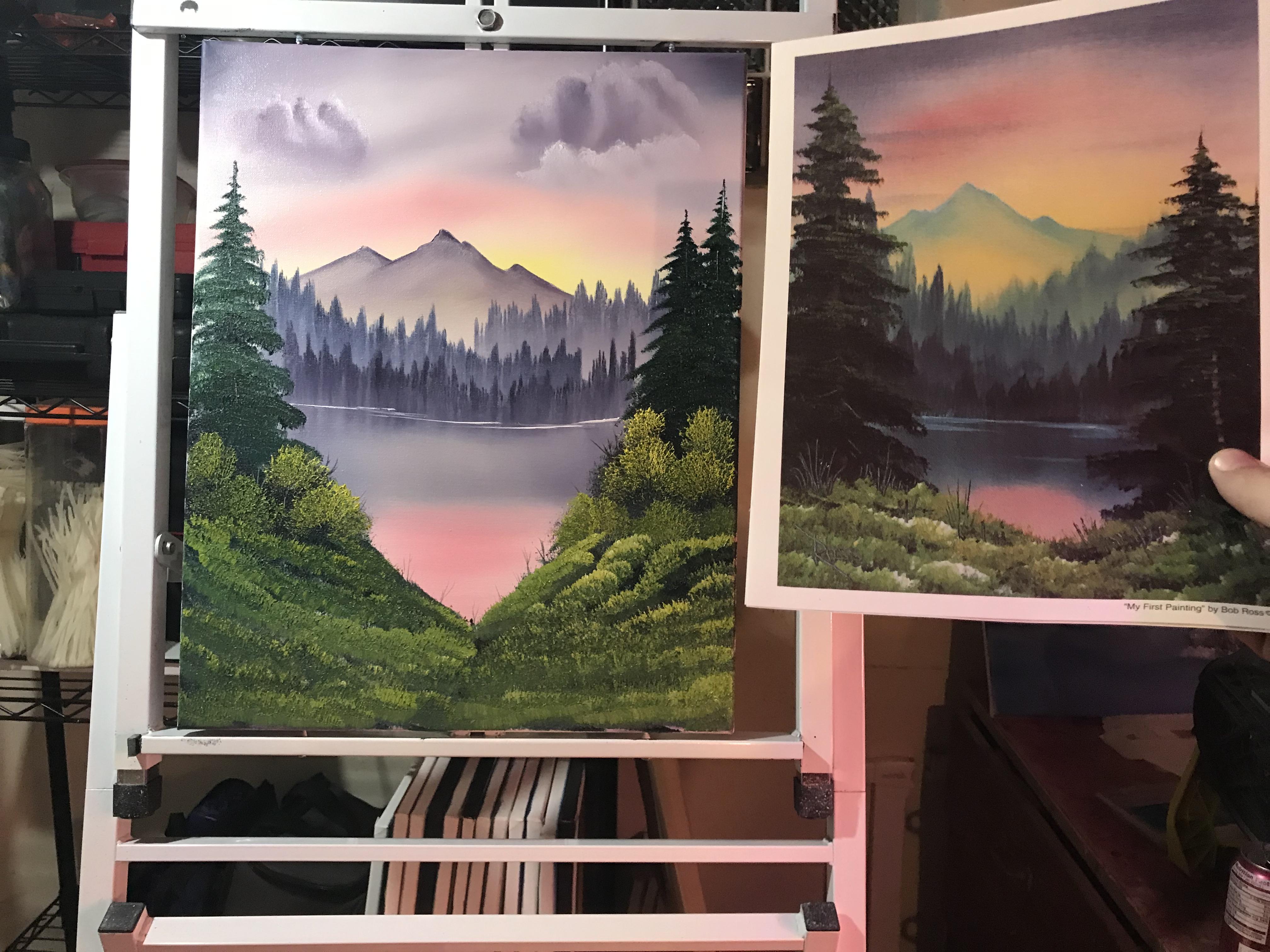 I followed a Bob Ross instruction page. I only changed the clouds (and messed them up). | Scrolller