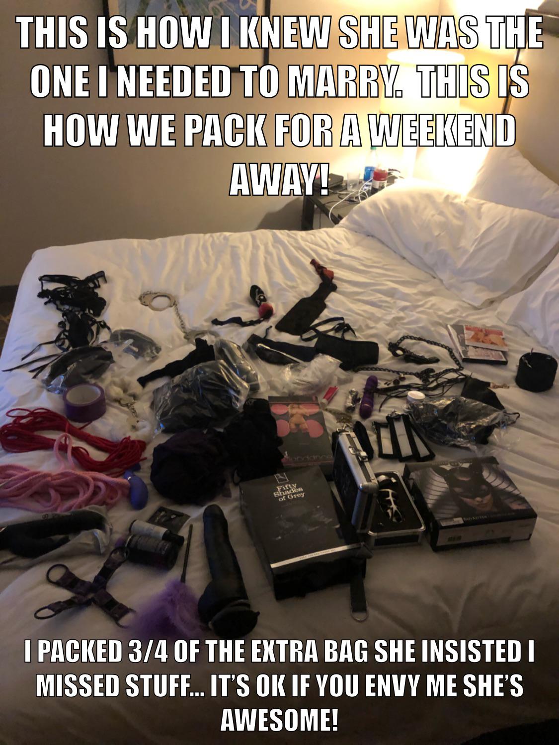 I made this caption for my wife. Actual pic of our hotel bed a minute ago! Wish her luck 😈 ...