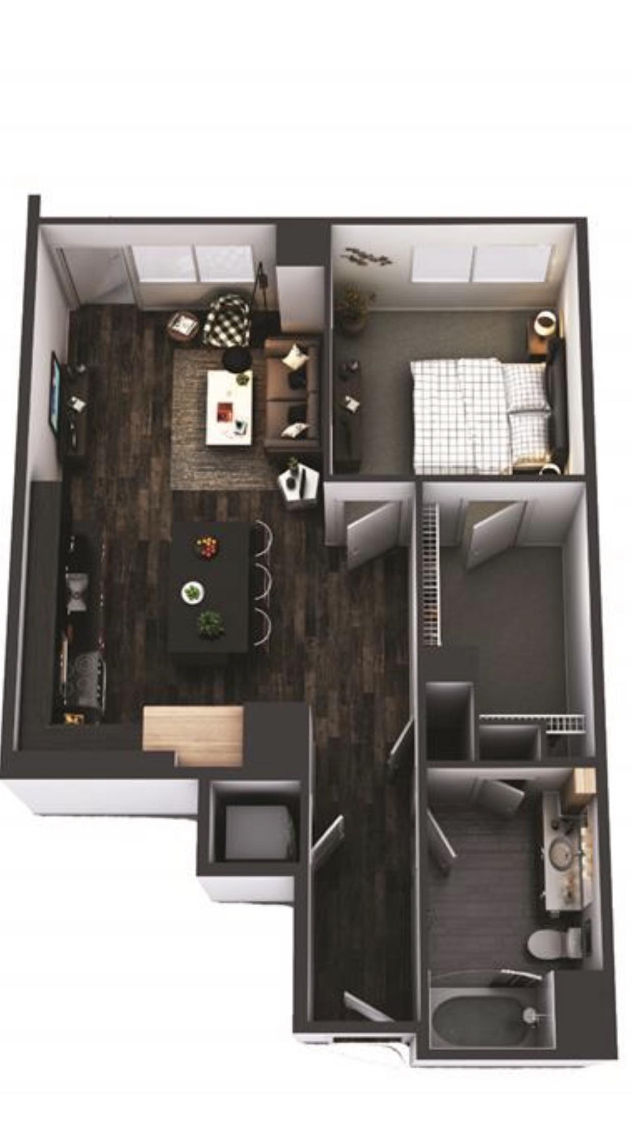 Ideas for furniture layout in a 780 sq ft one bedroom? Floor plan and ...