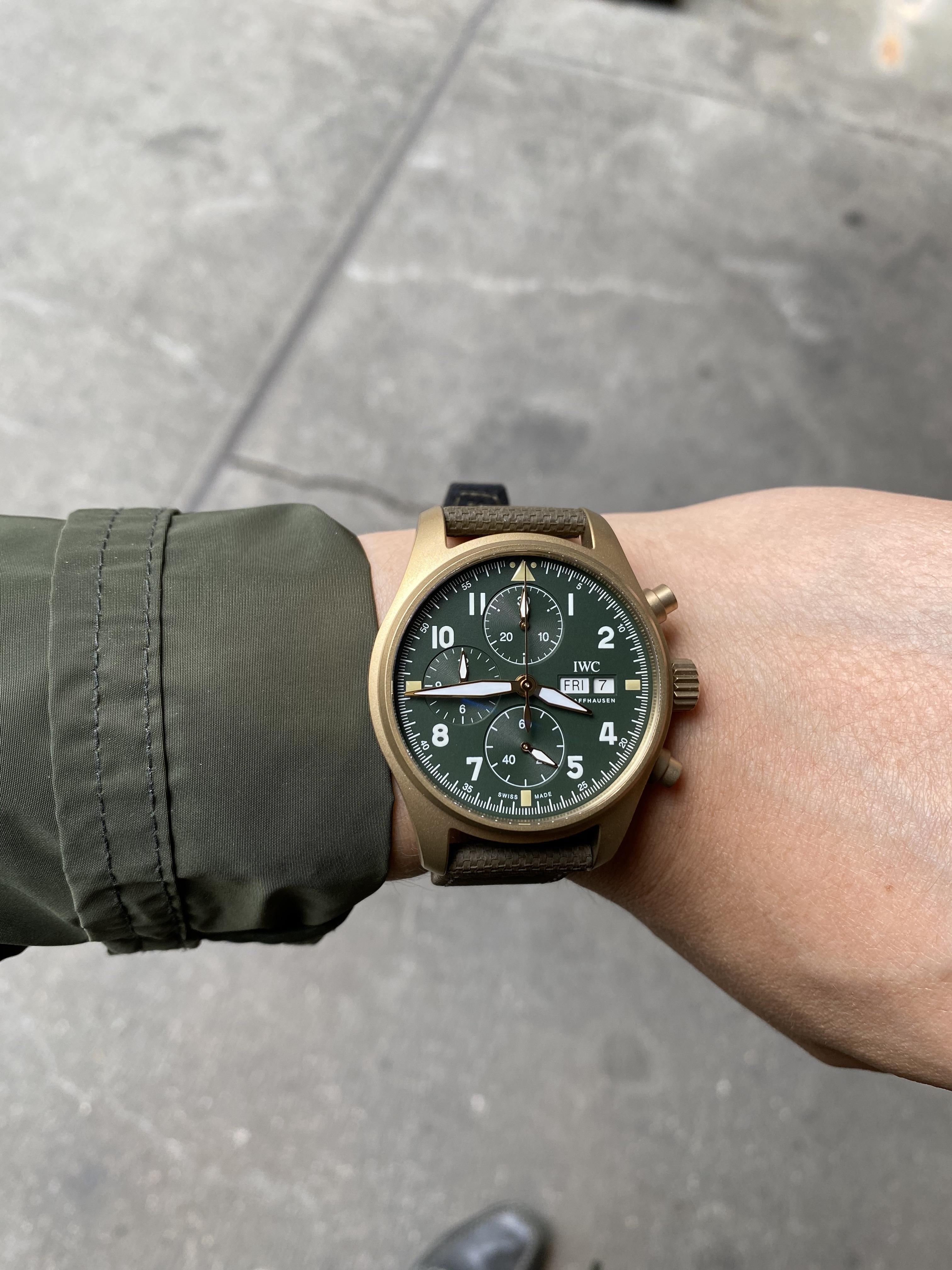 [IWC] Spitfire Chronograph in Bronze; matches the olive green of a Barbour jacket | Scrolller