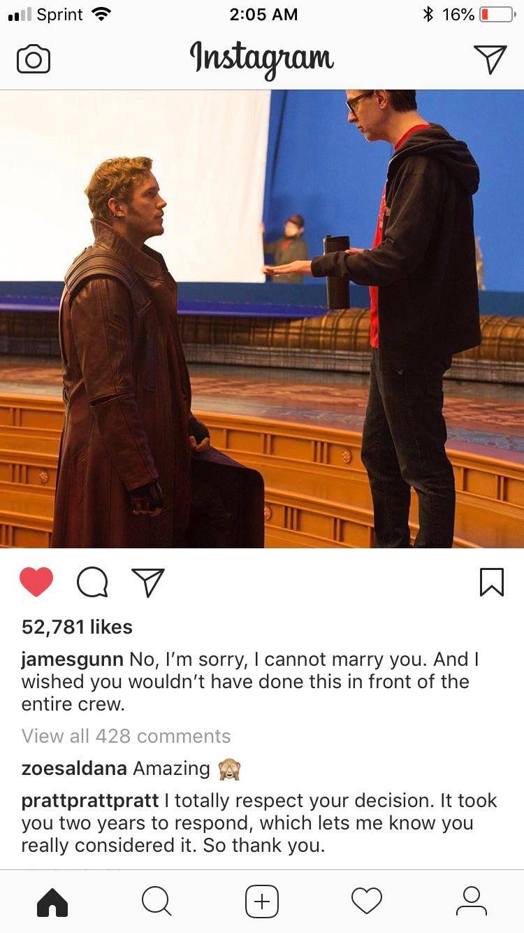 James Gunn on Chris Pratt’s marriage proposal. | Scrolller